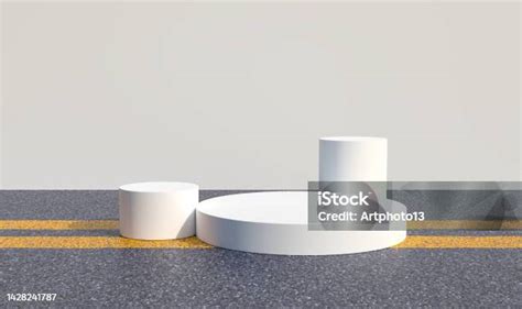 장면 제품 배경 무대 또는 햇빛 빈 디스플레이 플랫폼이있는 그런 지 거리 바닥에 연단 받침대 흰색 3d 렌더링 흰색 최소 현대 스타일 연단 디스플레이 선반 0명에 대한 스톡