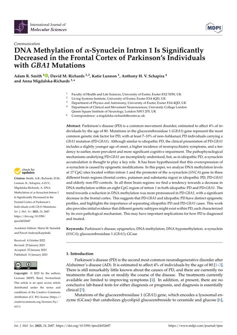 Pdf Dna Methylation Of α Synuclein Intron 1 Is Significantly Decreased In The Frontal Cortex