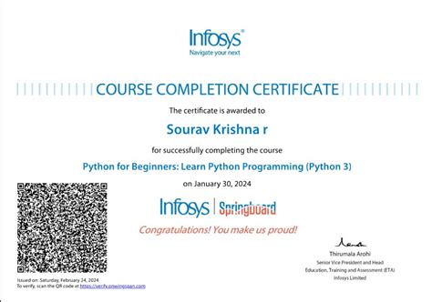Sourav Krishna R On Linkedin Python Infosys Springboard Certification