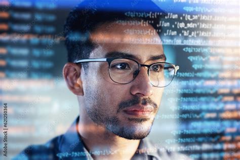 Software Coding Hologram And Man Thinking Of Data Analytics Night