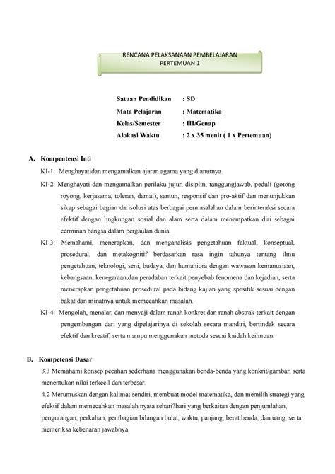 Rpp Test Rpp Pendidikan Satuan Pendidikan Sd Mata Pelajaran