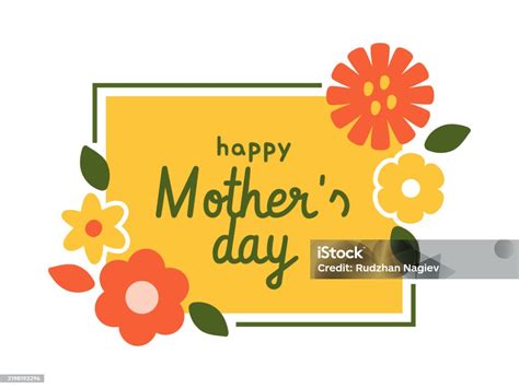 해피 어머니의 날 텍스트 프레임입니다 활짝 핀 꽃 기하학적 테두리 및 글자가 있는 장식 스티커 엄마를 위한 인사말 카드입니다 휴일 축하 평면 벡터 일러스트 레이 션 감사에