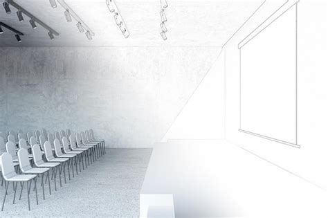 현대적인 로프트 콘크리트 강당 인테리어의 손으로 그린 스케치와 의자 및 빈 흰색 모의 배너 디자인 및 건축 개념 3d 렌더링 프리미엄 사진