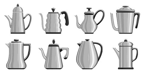 뜨거운 음료를 마실 수 있는 주전자 금속 케이스 플라스틱 손잡이 커피 냄비 차 코코아 뜨거운 물 요리 주방 용품 벡터 아이콘 세트 플랫 만화 회색 분리 0명에 대한 스톡