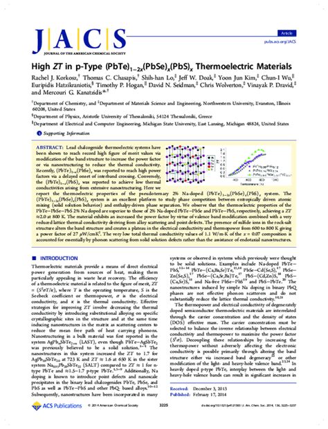 Pdf High Zt In P Type Pbte12xpbsexpbsx Thermoelectric Materials
