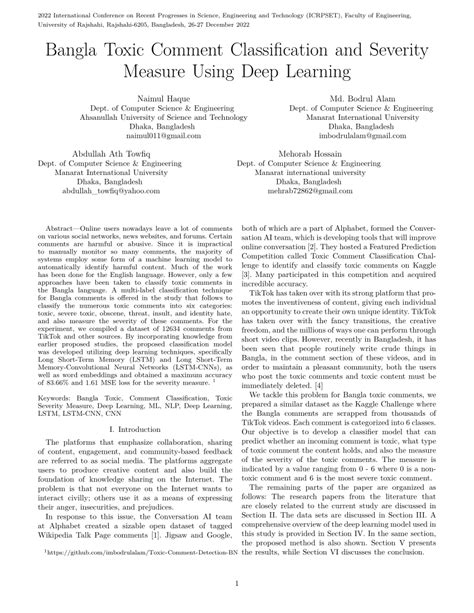 Pdf Bangla Toxic Comment Classification And Severity Measure Using Deep Learning