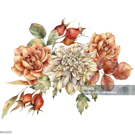 달리아 장미와 나뭇잎의 수채화 가을 꽃다발 흰색 배경에 격리된 손으로 그린 초원 꽃 디자인 인쇄 직물 또는 배경에 대 한 꽃 야생 그림입니다 0명에 대한 스톡 벡터 아트 및