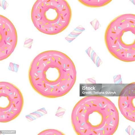 핑크 도넛과 마시멜로 매끄러운 패턴 과자 배경입니다 벡터 만화 그림입니다 마시멜로에 대한 스톡 벡터 아트 및 기타 이미지 마시멜로 가루로 빻은 귀여운 Istock