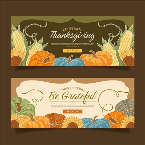 손으로 그린 수평 추수 감사절 배너 세트 무료 벡터