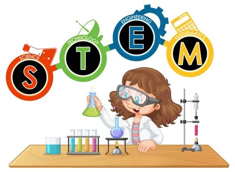 带有stem字体图标插图的女科学家卡通人物图库矢量图作者：© Interactimages 520635782
