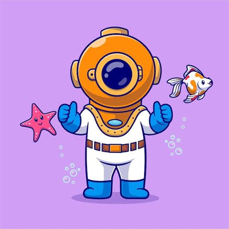 Niedlich Taucher Schwimmen Mit Seestern Und Fische Karikatur