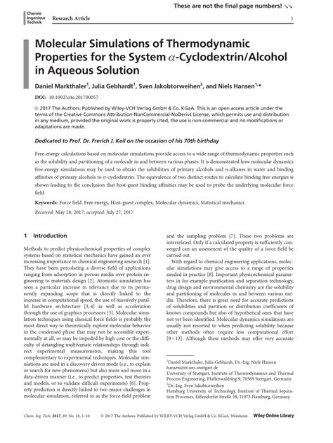 Pdf Molecular Simulations Of Thermodynamic Properties For The System α‐cyclodextrin Alcohol In