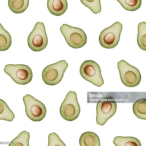 아보카도 원활한 패턴입니다 녹색 음식의 수채화 배경입니다 손으로 그린 고립 된 그림입니다 과일 또는 야채의 식물 그림 직물 및