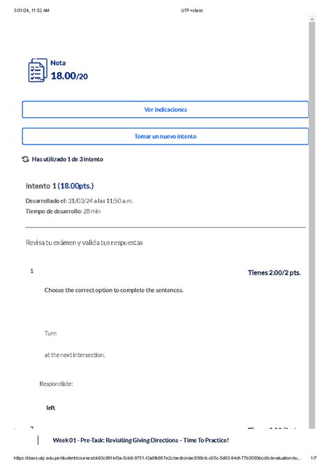 Week 01 Pre Task Revisiting Giving Directions Time To Practice Nota 18 20 Intento 1 18