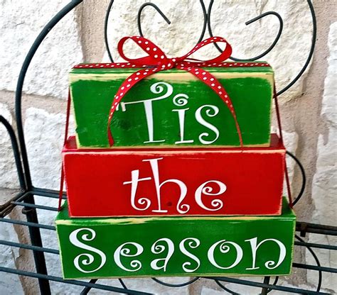Tis The Season Christmas Decor Holiday Wood Stacked Block Sign With