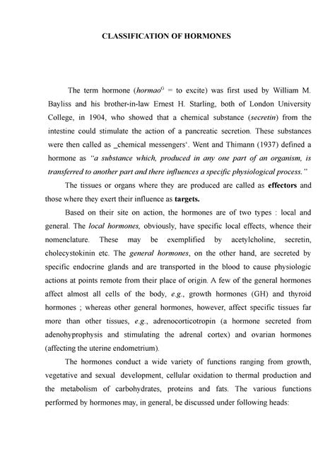Classification Of Hormones Classification Of Hormones The Term