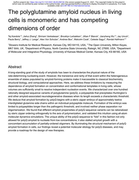 Pdf The Polyglutamine Amyloid Nucleus In Living Cells Is Monomeric