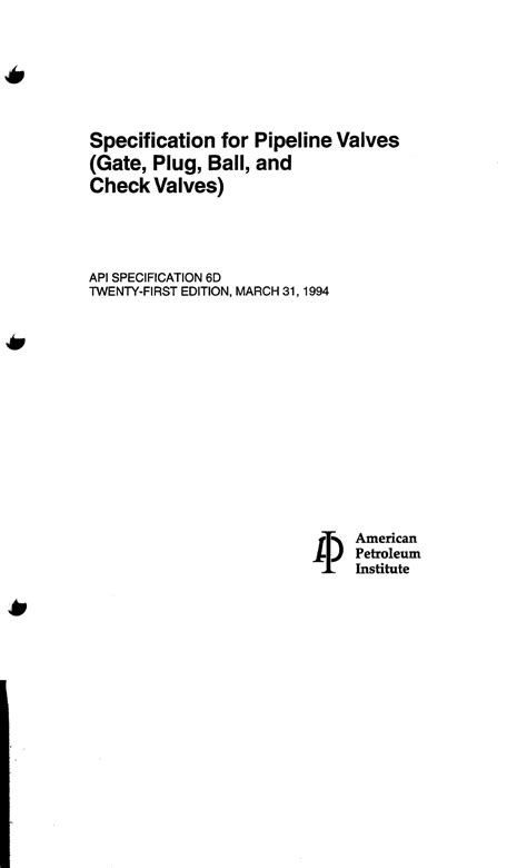 Api 6d Specification For Pipeline Valves Gate Ball And Check Valves 1994 Specification For