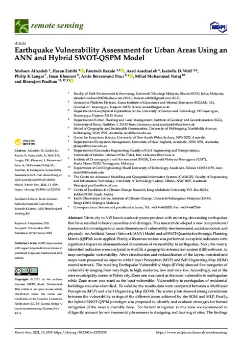 Pdf Earthquake Vulnerability Assessment For Urban Areas Using An Ann