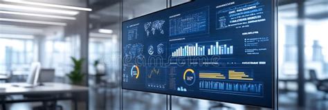 Large Screen Displaying Data Visualizations In A Modern Office Setting View Stock Illustration