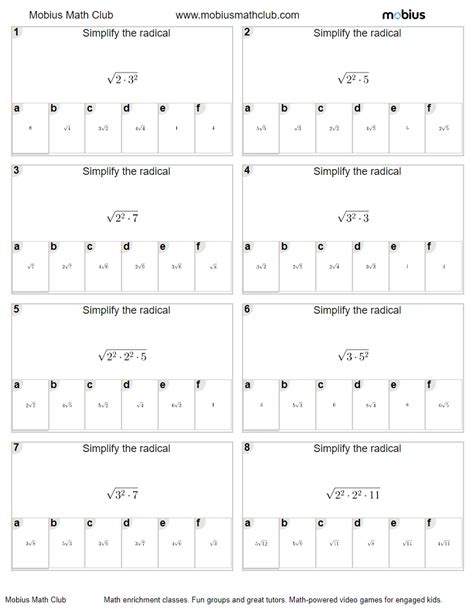 Free Printable Math Worksheet Radicals Square Simplify From Squared Factors Values Only