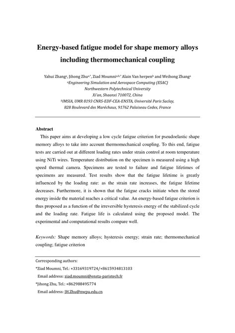 Pdf Energy Based Fatigue Model For Shape Memory Alloys Including