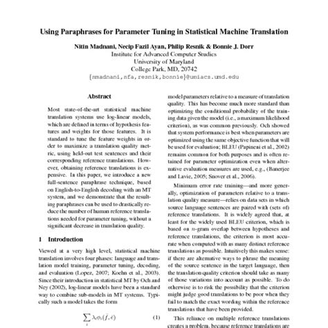 Using Paraphrases For Parameter Tuning In Statistical Machine Translation Acl Anthology