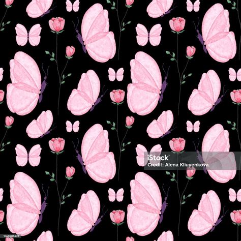 수채화 매끄러운 패턴 야생화는 휴일 웨딩 디자인을 위해 식물 스타일로 손으로 그린 검은 배경에 분홍색 나비와 함께 장미 패키지 카드 머그잔을 꾸미기위한 디지털 종이 팩 개체