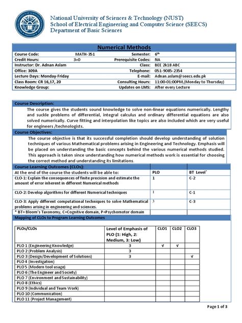 Course Outline Math 351 Numerical Methods Pdf Numerical