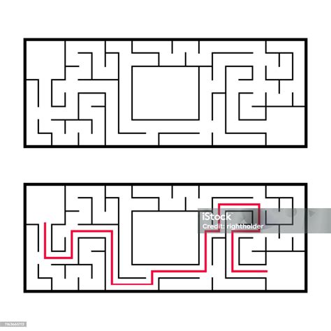직사각형 미로 미로 미취학 아동을위한 흥미롭고 유용한 게임 쉬운 퍼즐 게임 흰색 배경에 격리 된 간단한 평면 벡터 그림입니다 올바른 결정으로 0명에 대한 스톡 벡터 아트 및
