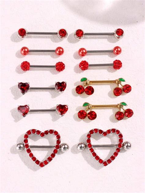 12pcsset 6 Pairs Pearl Heart And Cherry Nipple Rings Body Jewelry For