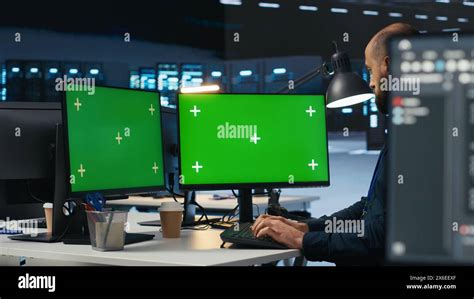 Developer Programming On Multi Monitor Isolated Screen Pc Setup In Data