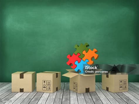 나무 바닥에 직소 퍼즐 골판지 상자 칠판 배경 3d 렌더링 3차원 형태에 대한 스톡 사진 및 기타 이미지 3차원 형태 가정의 방 개체 그룹 Istock
