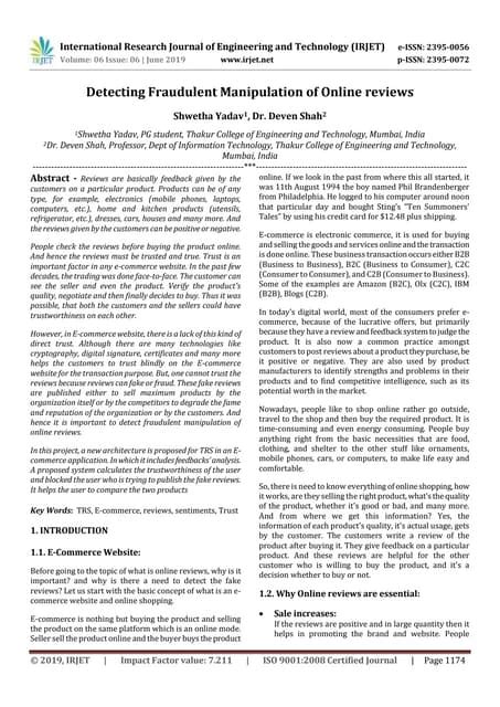 Irjet Detecting Fraudulent Manipulation Of Online Reviews Pdf Business Business And Finance
