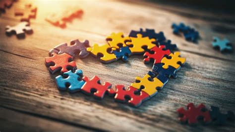 A Vibrant Array Of Colorful Puzzle Pieces Forming A Heart Shape On A Rustic Wooden Table Surface