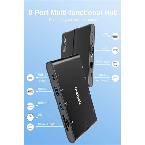 Hub USB C Inateck 9 Porturi Hub Tip C Cu Port Ethernet Port 4K HDMI Si VGA 2 Porturi USB 3 0