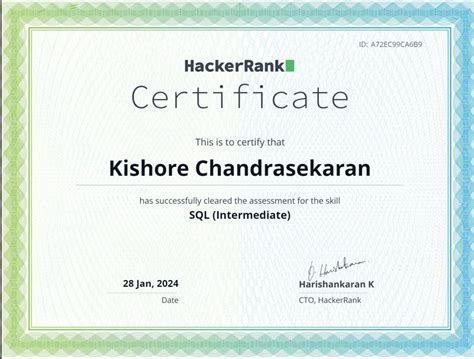 Finished Sql Intermediate Certificate On Hackerrank Kishore