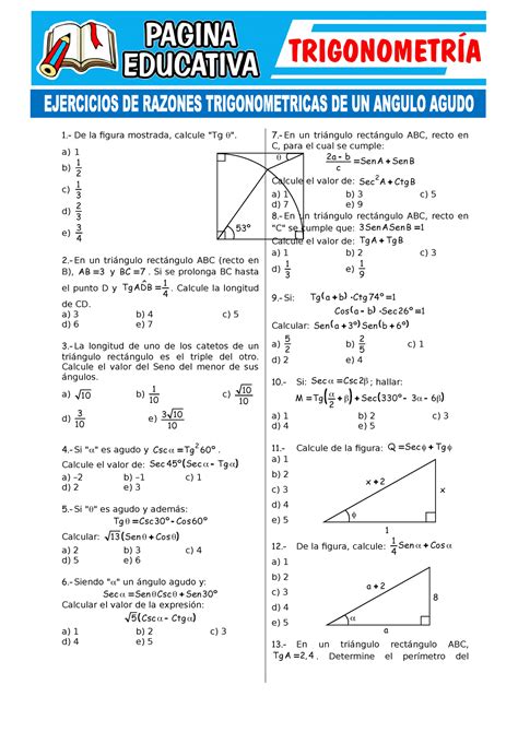 Ejercicios De Razones Trigonometricas De Un Angulo Agudo Pagina Educativa 1 De La Figura