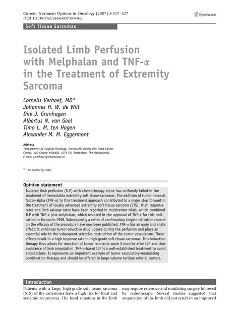 Pdf Isolated Limb Perfusion With Melphalan And Tnf In The Treatment Of Extremity Sarcoma