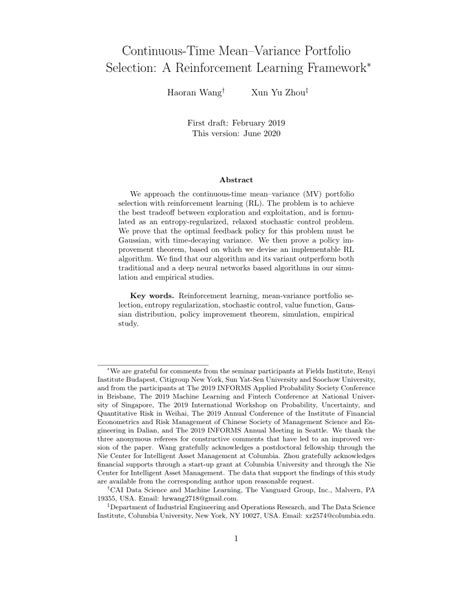Pdf Continuous‐time Mean Variance Portfolio Selection A Reinforcement Learning Framework
