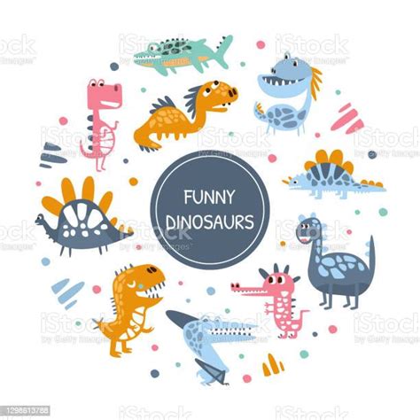 원형 모양 배너 표지 포스터 초대 카드 다채로운 선사 시대 생물 벡터 일러스트와 전단지 디자인 템플릿에서 재미 공룡 0명에 대한 스톡 벡터 아트 및 기타 이미지 Istock