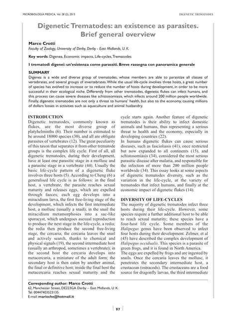 Pdf Digenetic Trematodes An Existence As Parasites Brief General