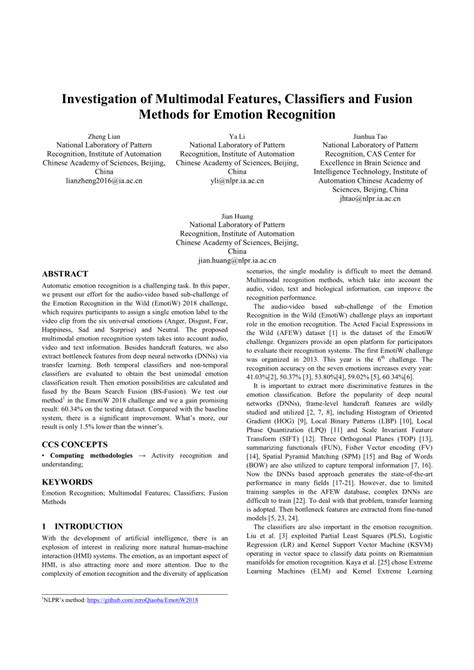 Pdf Investigation Of Multimodal Features Classifiers And Fusion Methods For Emotion Recognition