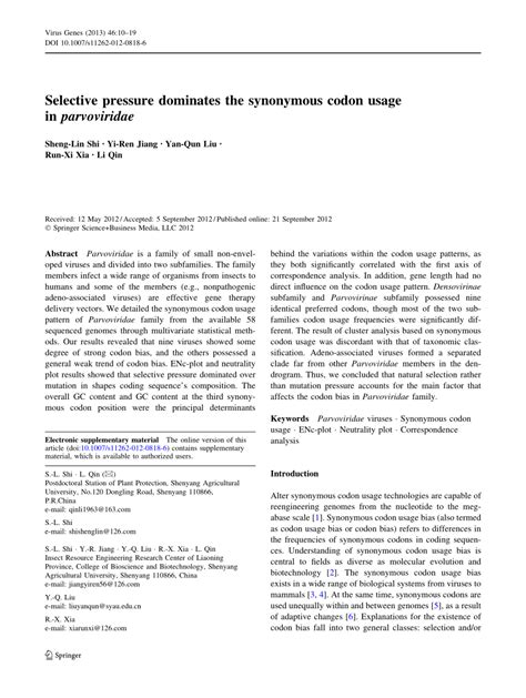 Pdf Selective Pressure Dominates The Synonymous Codon Usage In Parvoviridae