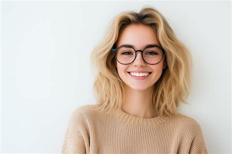 Chica Rubia Con Gafas Sonriendo Sobre Un Fondo Blanco Imagen Premium Generada Con Ia