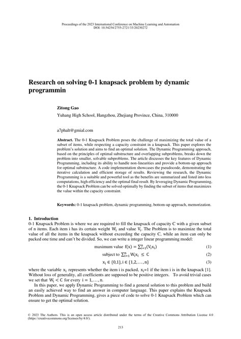 Pdf Research On Solving 0 1 Knapsack Problem By Dynamic Programmin