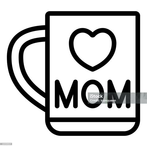 엄마 글자 라인 아이콘 어머니의 날 개념과 세라믹 컵 벡터 그래픽입니다 사랑이 담긴 컵 흰색 배경에 하트 모양 기호 스타일 모바일 또는 디자인 검은색에 대한 스톡 벡터 아트