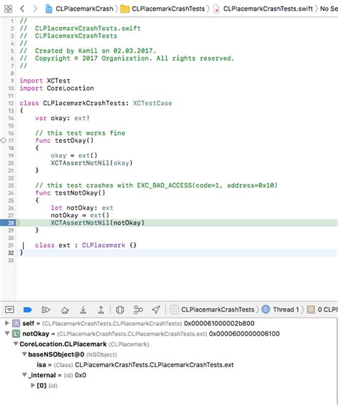 ios exc bad access when extending clplacemark variable accessed