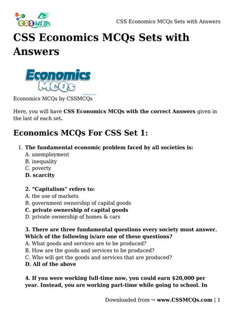 Css Economics Mcqs Sets With Answers Pdf Elasticity Economics