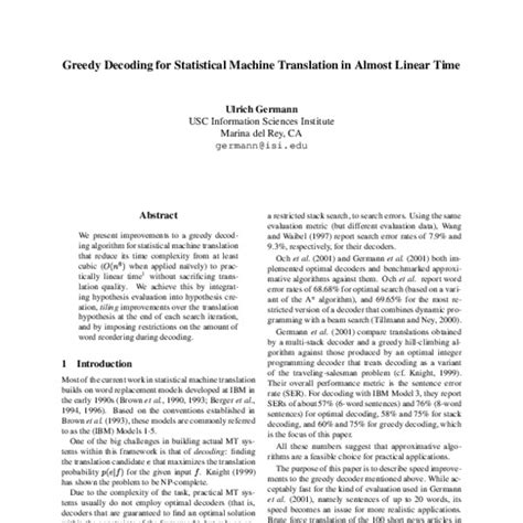 Greedy Decoding For Statistical Machine Translation In Almost Linear Time Acl Anthology